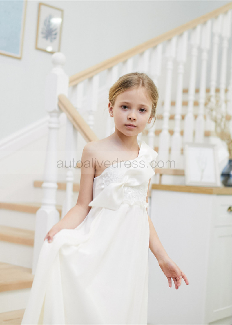 A-line One Shoulder Ivory Lace Chiffon Corset Back Flower Girl Dress