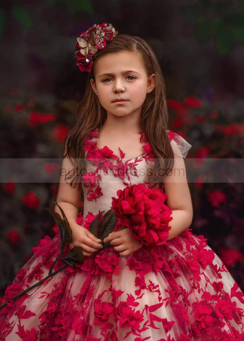 Ball Gown Fuchsia Floral Cross Back Flower Girl Dress