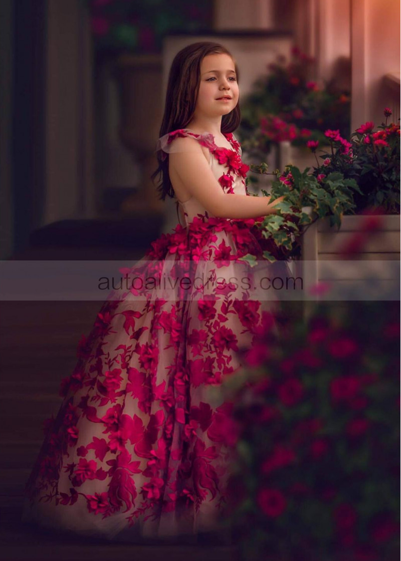 Ball Gown Fuchsia Floral Cross Back Flower Girl Dress