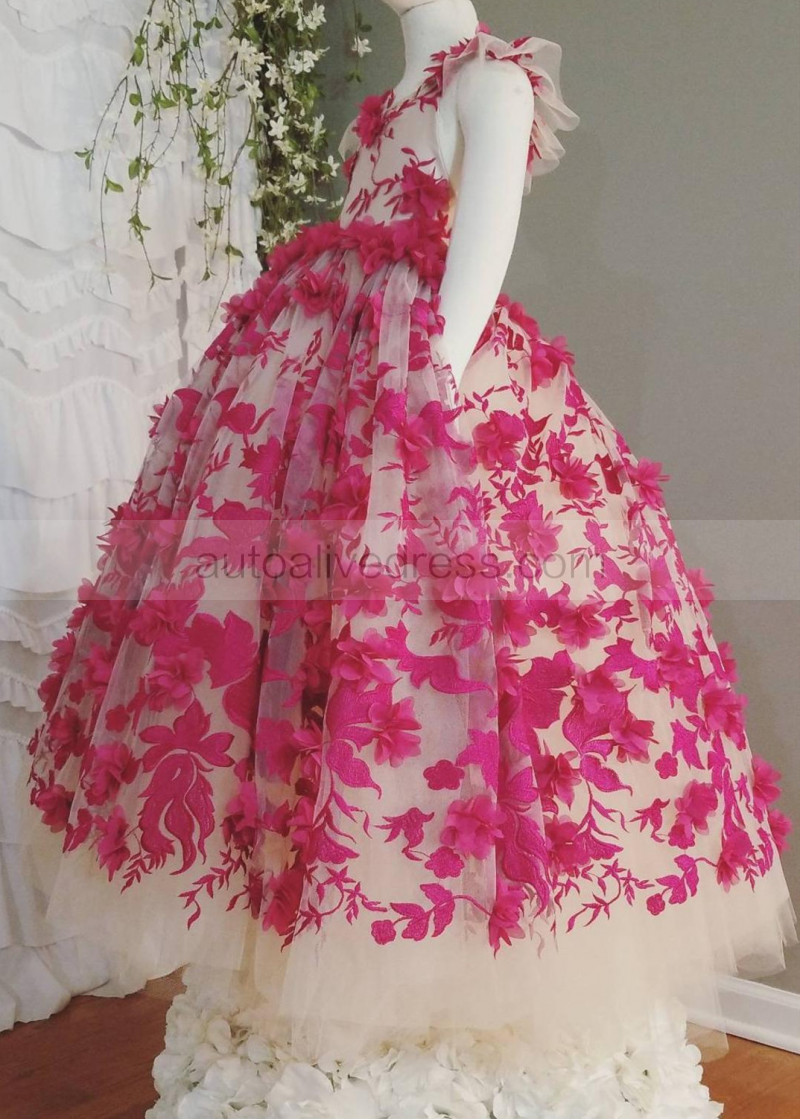 Ball Gown Fuchsia Floral Cross Back Flower Girl Dress