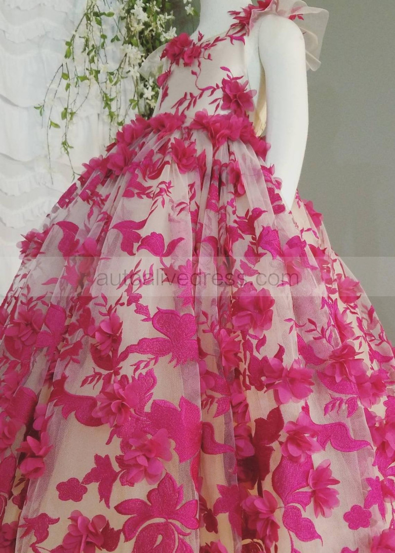 Ball Gown Fuchsia Floral Cross Back Flower Girl Dress