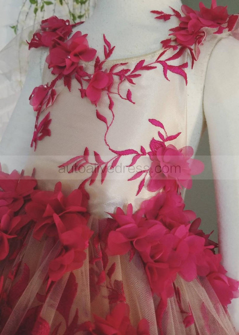 Ball Gown Fuchsia Floral Cross Back Flower Girl Dress