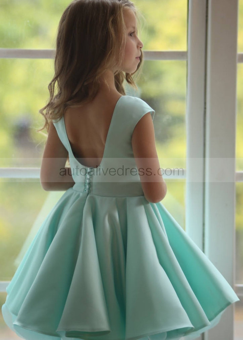 A-line Mint Satin Open Back Flower Girl Dress