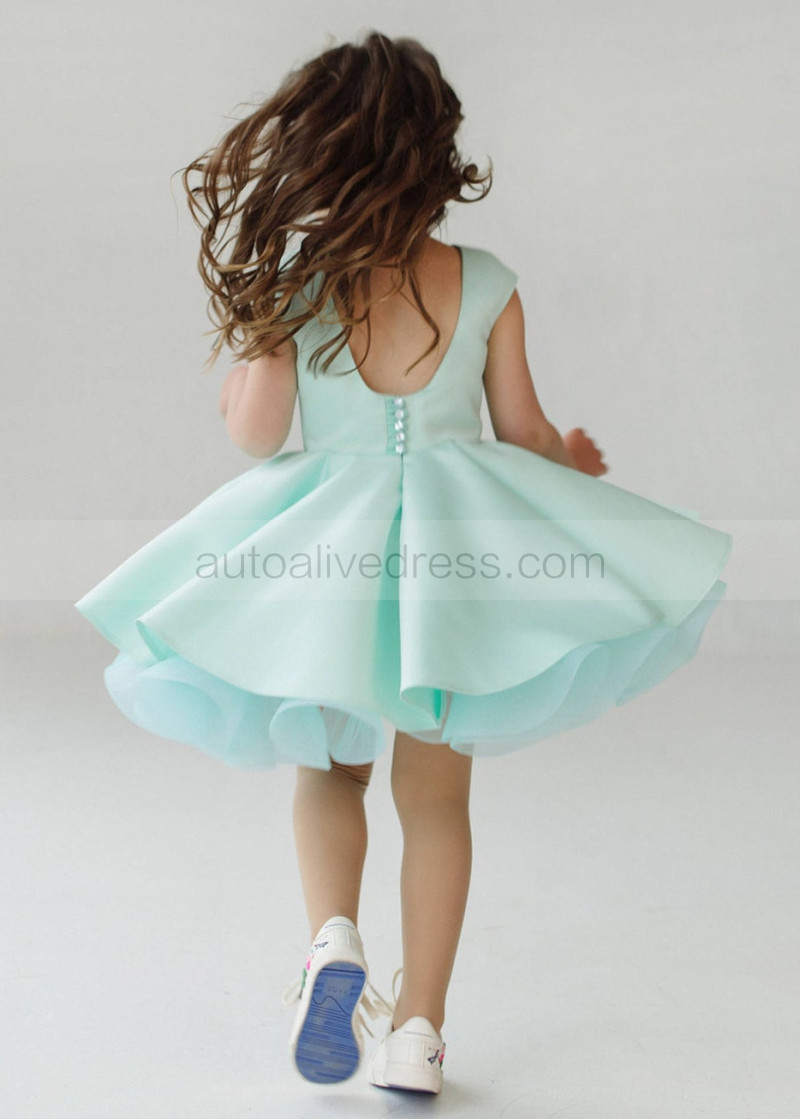 A-line Mint Satin Open Back Flower Girl Dress