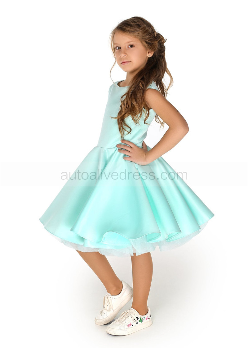 A-line Mint Satin Open Back Flower Girl Dress