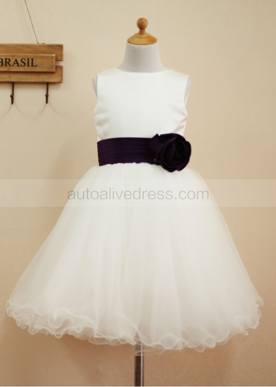 Princess Knee Length Ivory Satin Tulle Curly Hem Flower Girl Dress