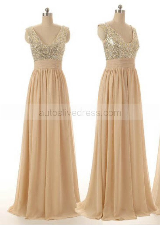 A-line V Neckline Silver Sequin Bridesmaid Dress With Folded Sash