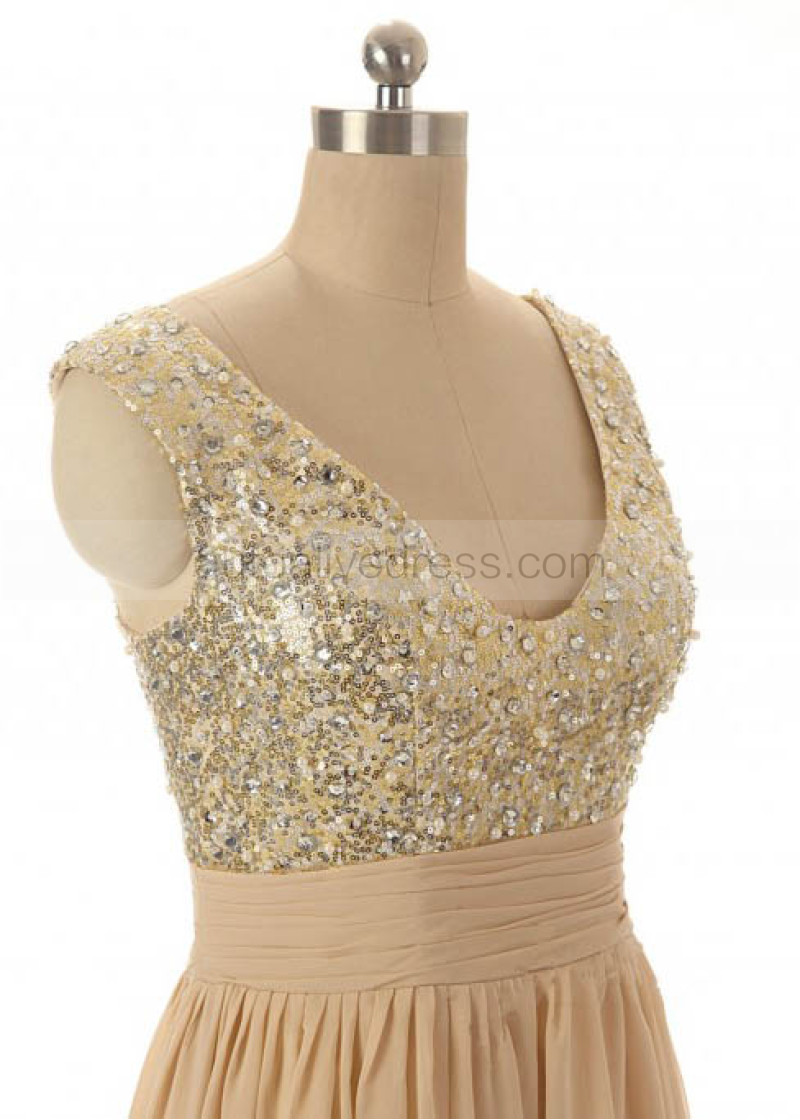 A-line V Neckline Silver Sequin Bridesmaid Dress With Folded Sash