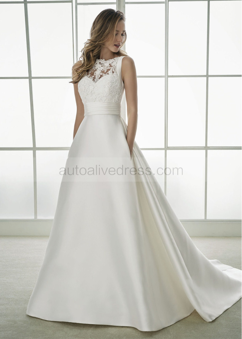 Ball Gown Ivory Lace Satin Buttons Back Wedding Dress