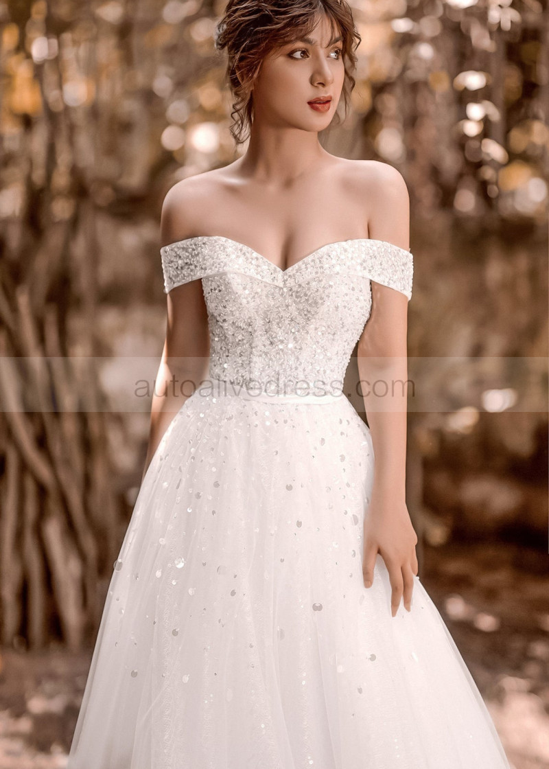 A-line Off Shoulder Ivory Bling Bling Tulle Wedding Dress
