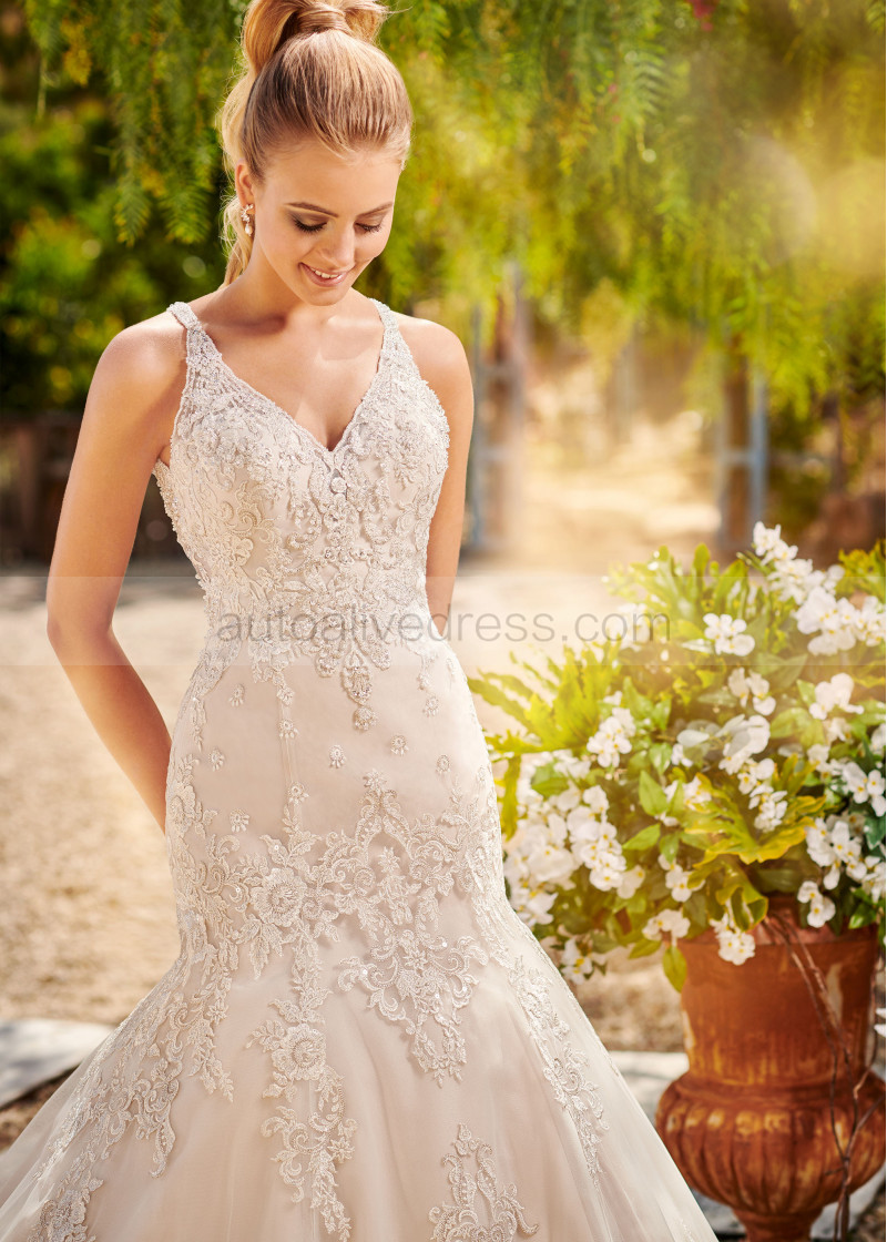 Mermaid V Neck Beaded Lace Organza Illusion Buttons Back Wedding Dress