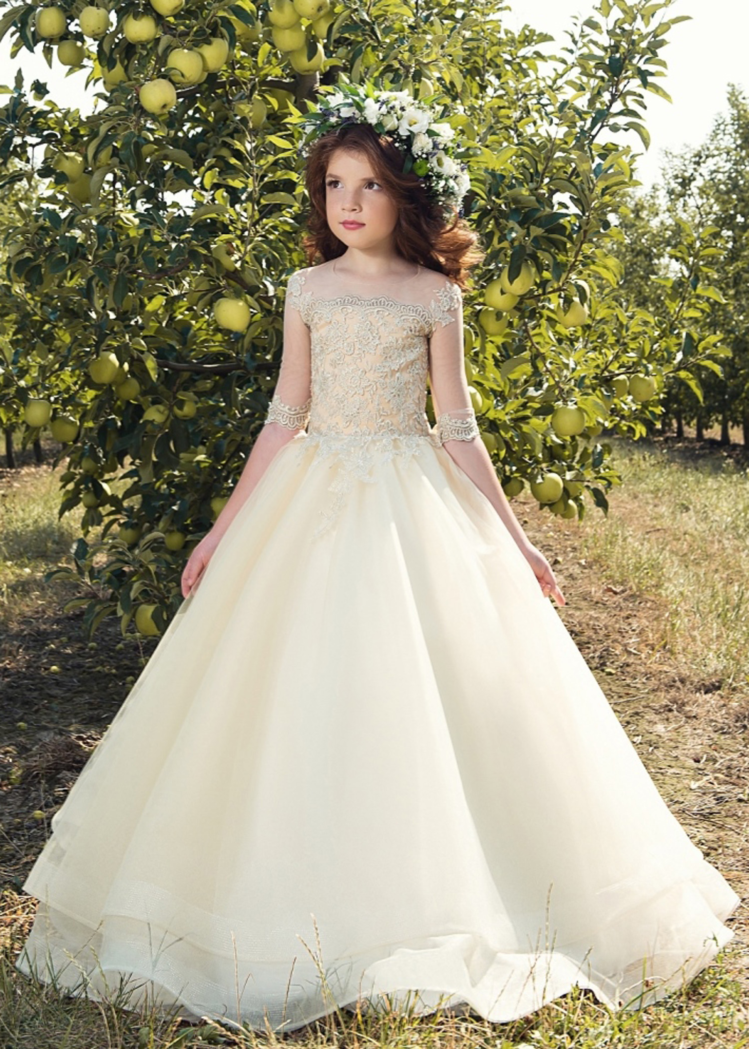 A-line Elbow Sleeves Cream Lace Organza Floor Length Flower Girl Dress