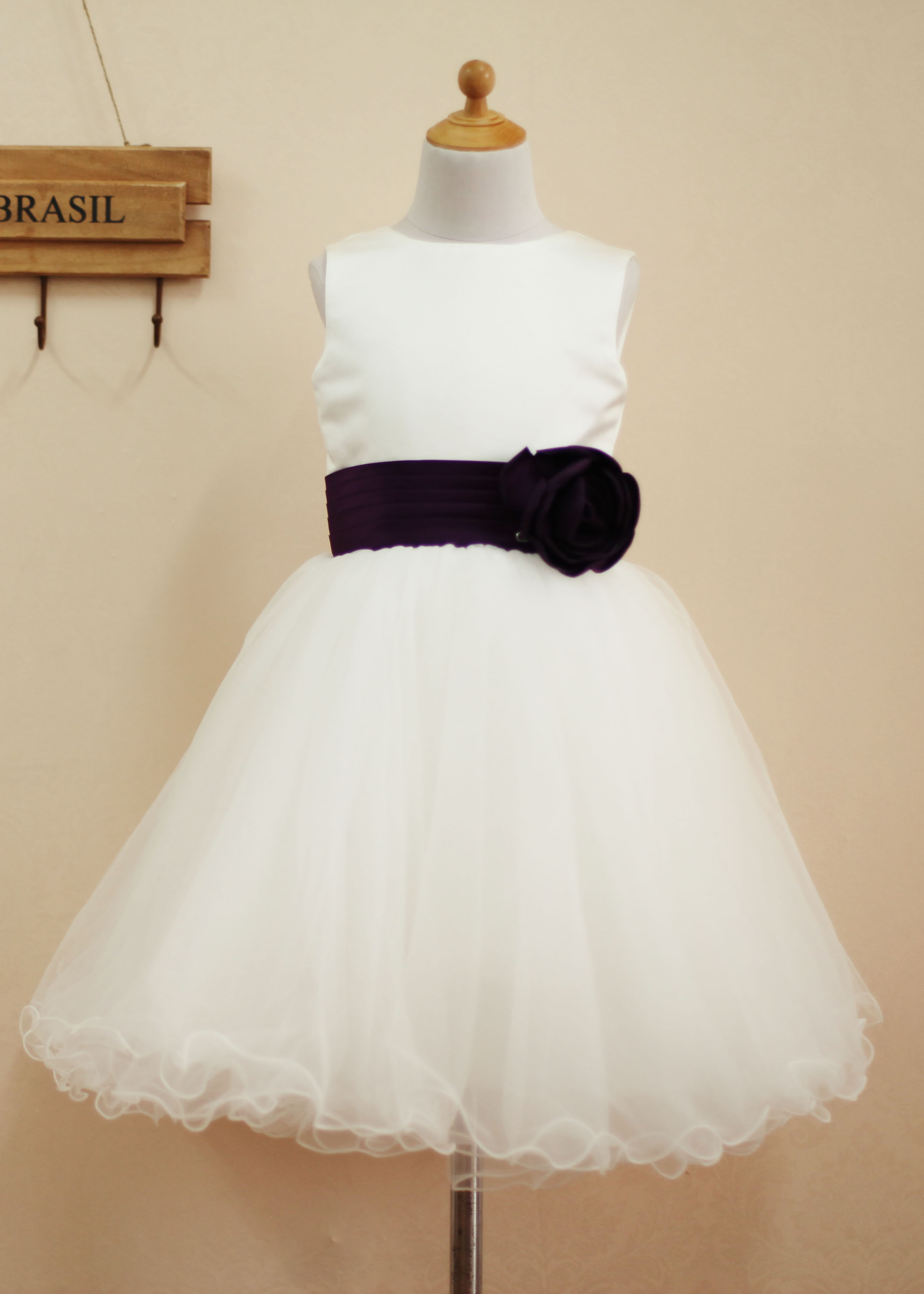 Princess Knee Length Ivory Satin Tulle Curly Hem Flower Girl Dress