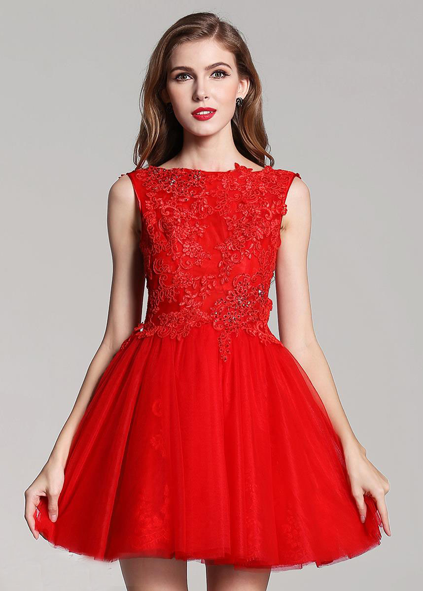 A-line Red Lace Tulle Short Evening Dress